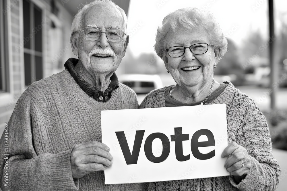 An elderly couple joyfully holding a 'Vote' sign, emphasizing the ...