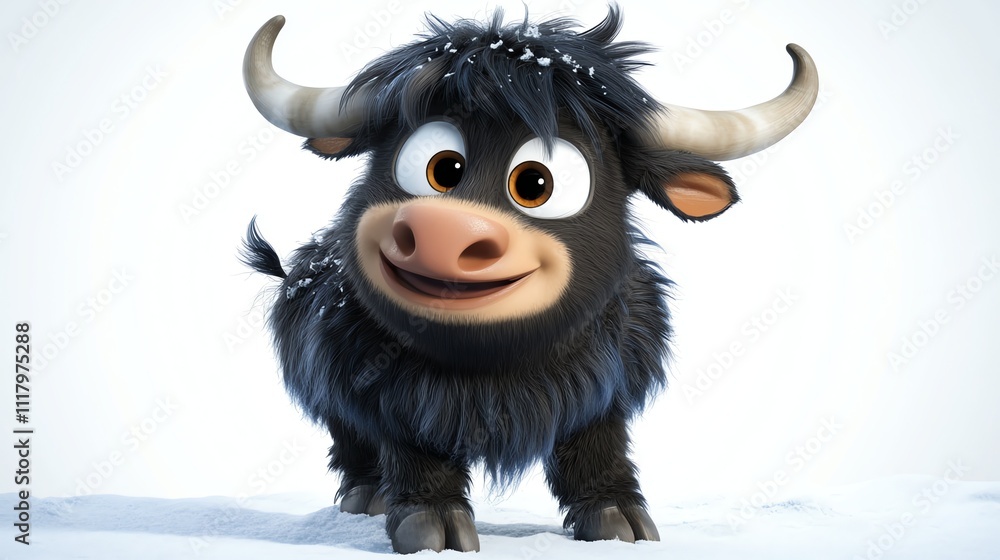 Cute cartoon yak. Adorable baby animal. Smiling yak in the snow. Stock ...