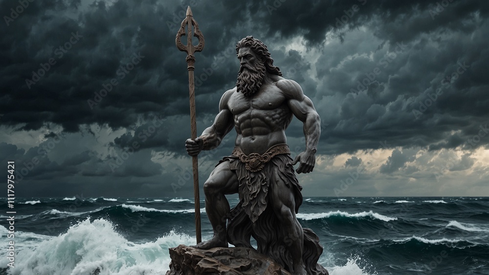 Statue of Poseidon, the god of the sea and storms, holding a trident in ...
