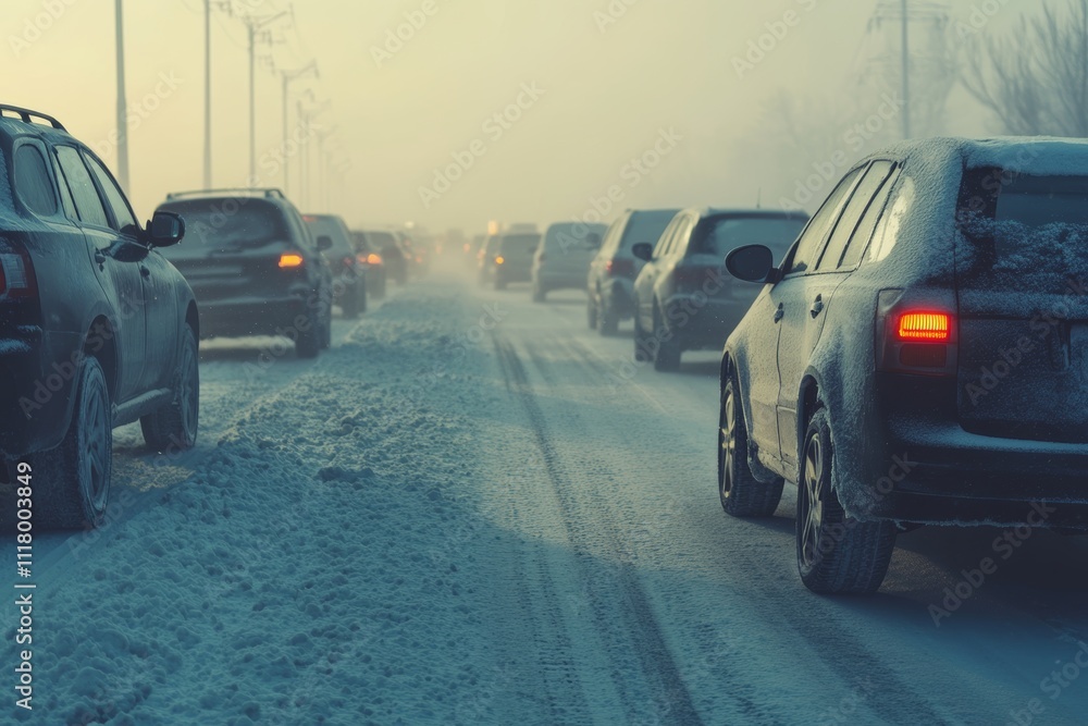Traffic jam on a snowy road in winter, with fog and cold affecting ...