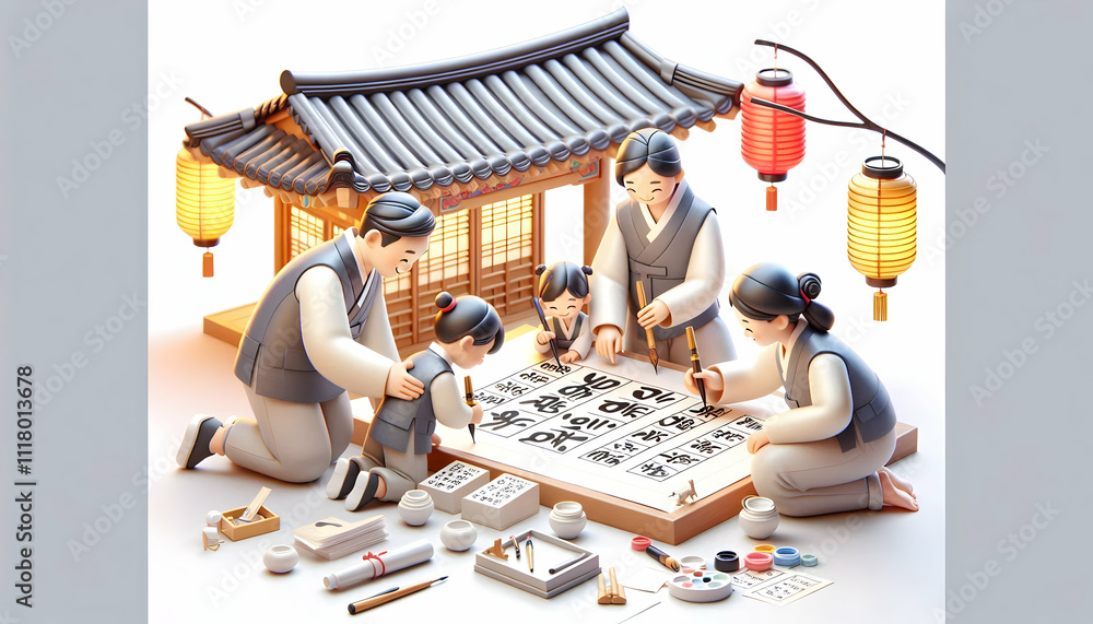 3D Candid Family Practicing Traditional Korean Calligraphy on Seollal ...