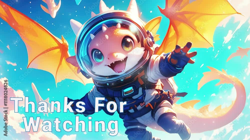 Joyful dragon-like creature soaring through vibrant sky in space suit ...