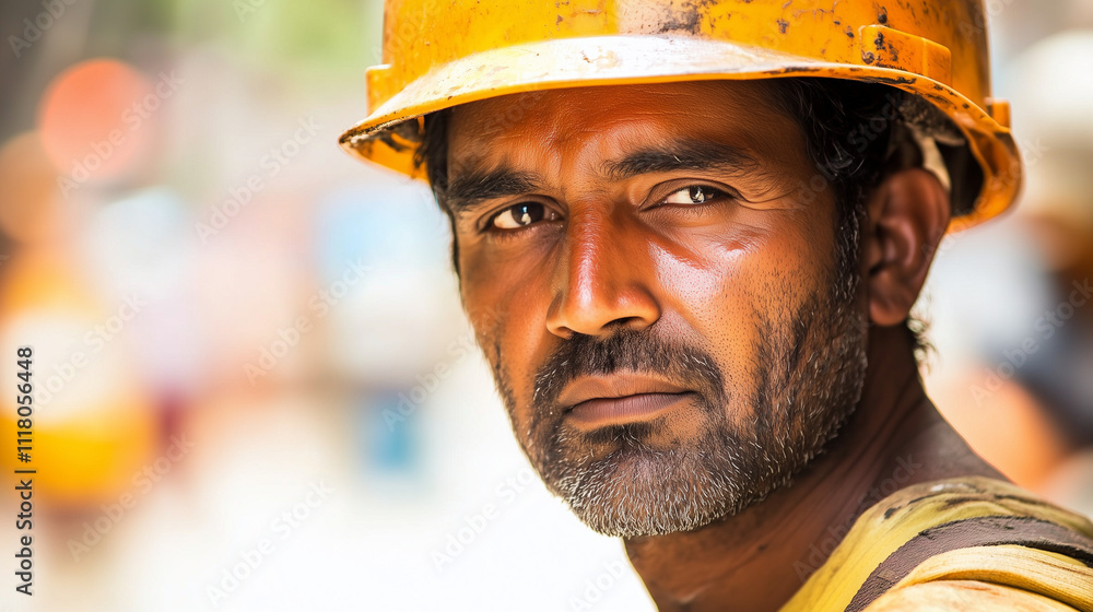 Zmęczony robotnik drogowy uchwycony w upalny dzień lata, walczący z ...