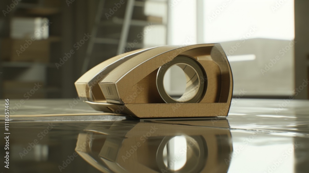 Cardboard packaging dispenser prototype reflecting on a table in a ...