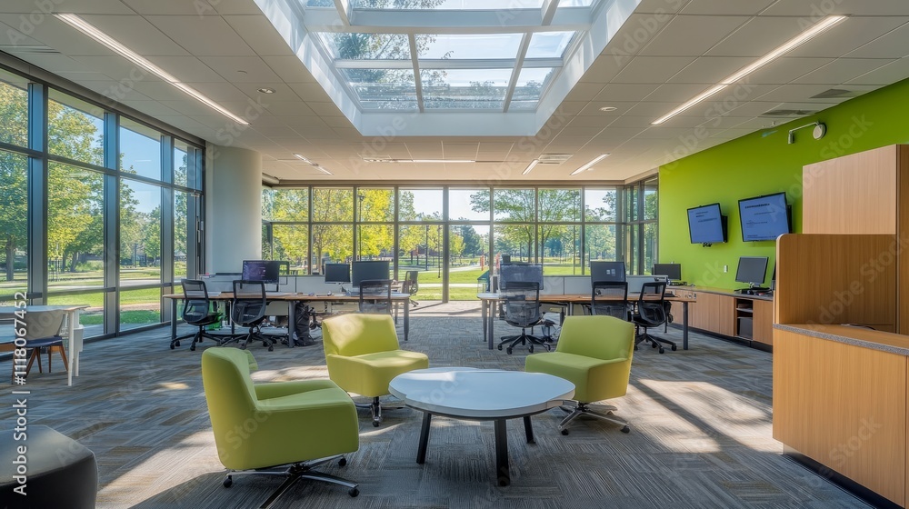 Solar-powered coworking office with modern furniture, green accents ...