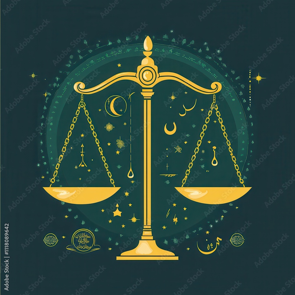 Justice in Islamic beliefs, radiant balanced scales with divine symbols ...