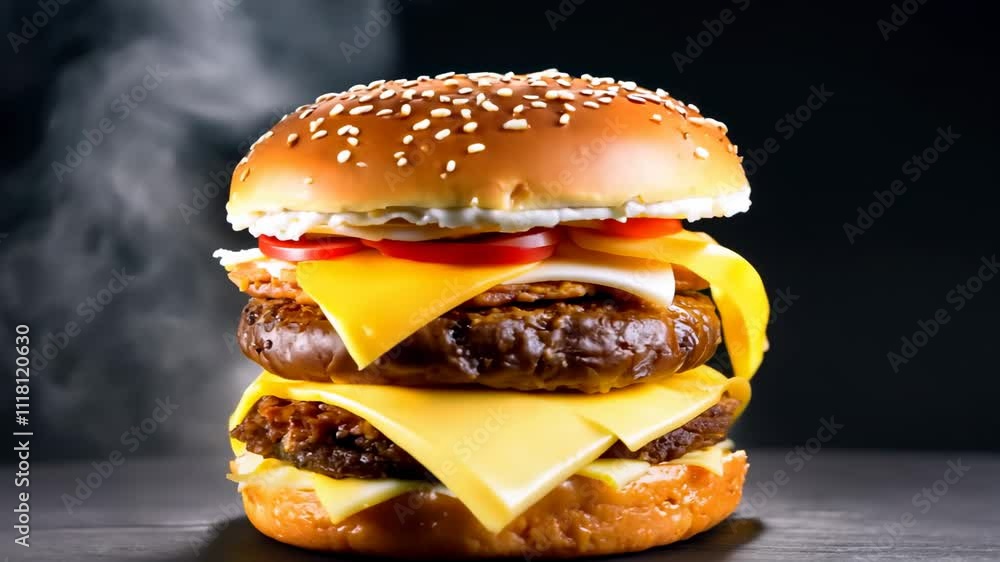 Juicy cheeseburger on a dark background. A close-up spotlight shines on ...