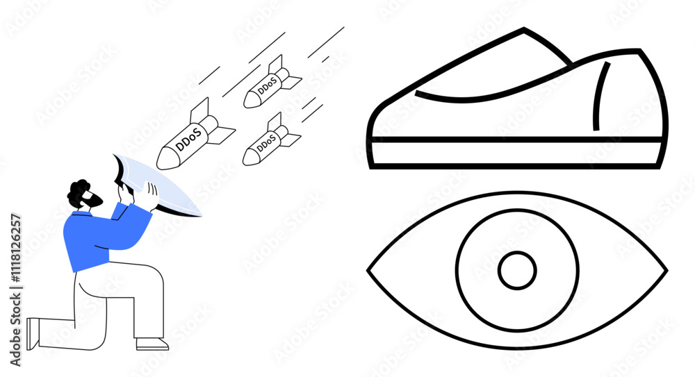 Man kneels with shield fending off dog-labeled missiles. Nearby, a shoe ...