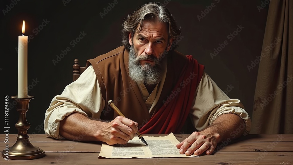 Apostle Paul writing epistles by candlelight, draped in a red cloak. A ...