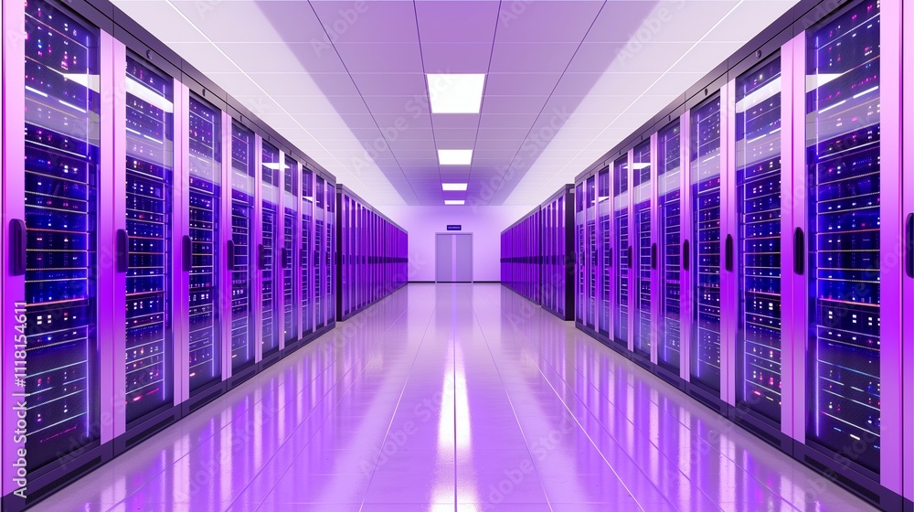Purple Haze Data Center: Rows of sleek, purple-lit server racks extend ...