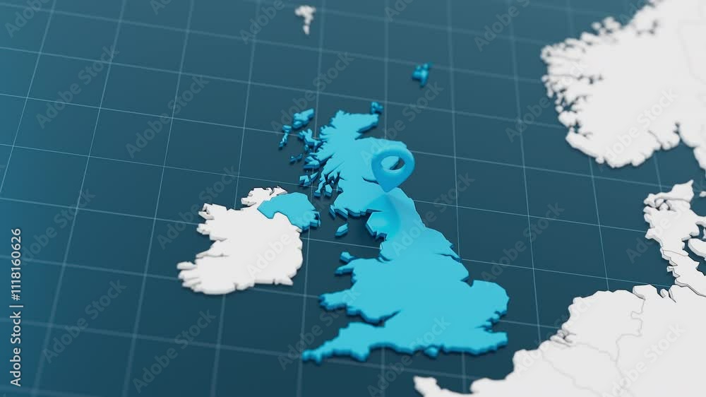 Highlight with blue of UK 3d map with pointer pin surrounded with other countries in white ...