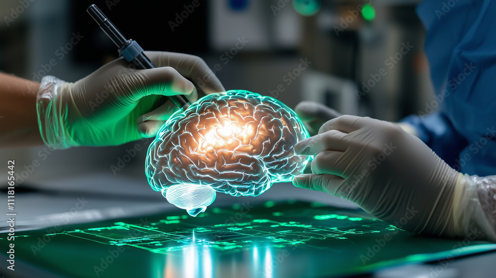 Hands in sterile gloves adjusting settings on a high-tech medical ...