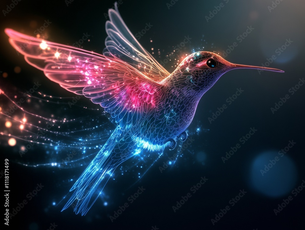 Mesmerizing Neon Hummingbird Soaring in the Dark with Glowing Feathers ...