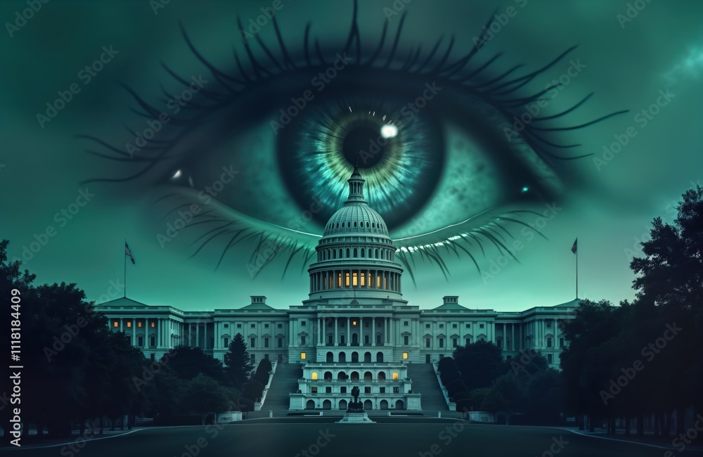 Government capitol building at night under watchful eye. Big brother ...