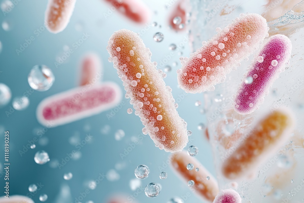 Fotografía Microscopic view of probiotics, prebiotics bacteria in ...