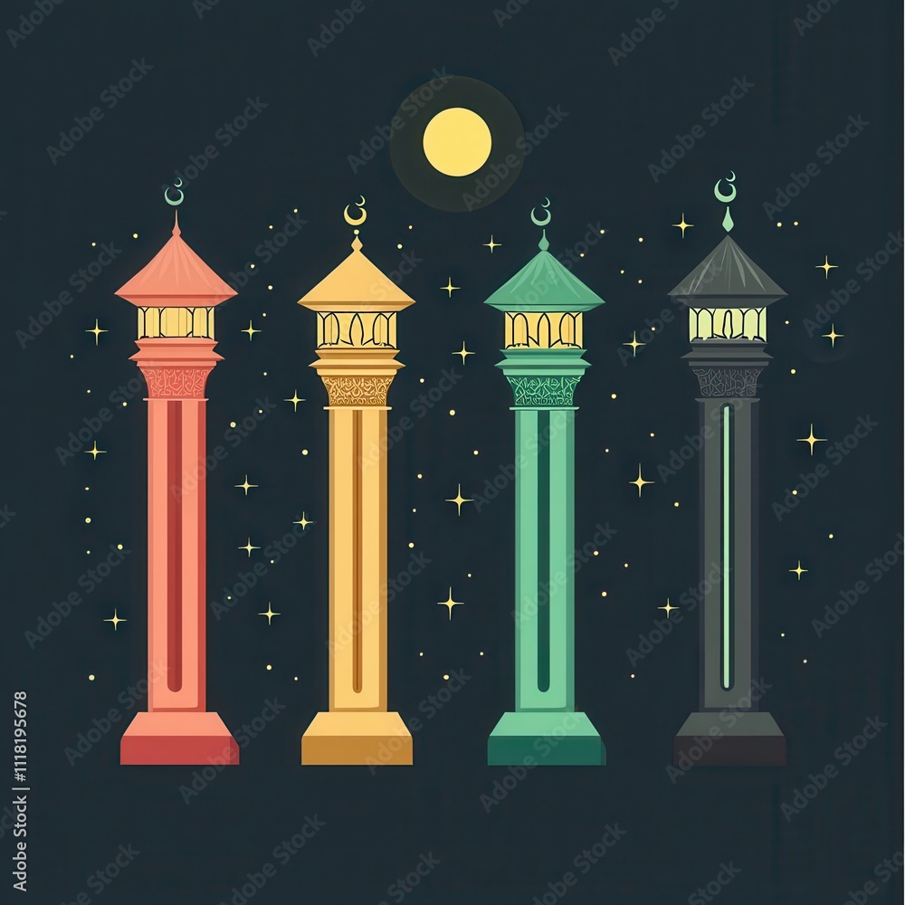 Five pillars of Islam essence, symbolic glowing icons for each pillar ...