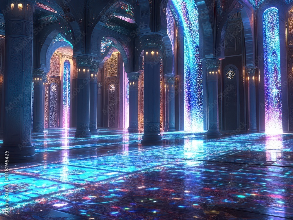 Futuristic Islamic worship rituals, holographic prayers ascending to ...