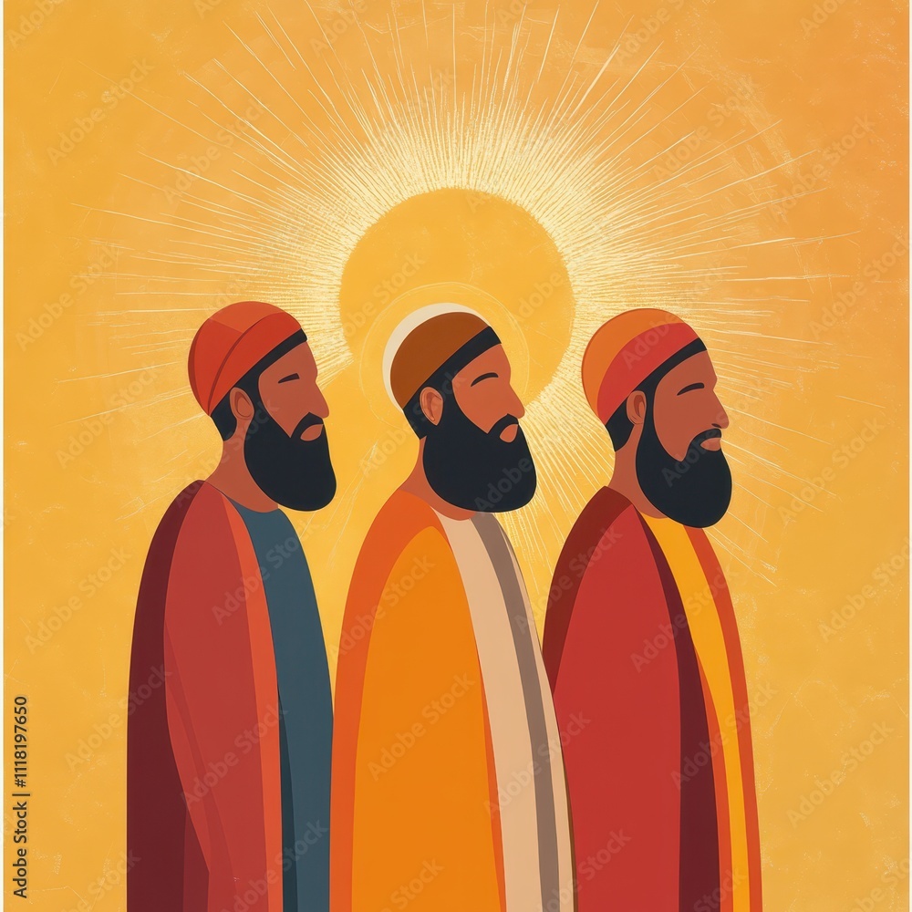Prophets in Islam, symbolic figures with radiant halos, flat design ...