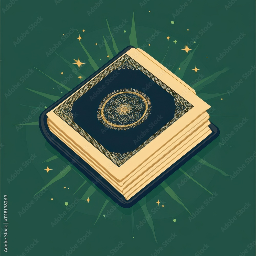 Quranic scripture and faith, radiant book with divine patterns, flat ...