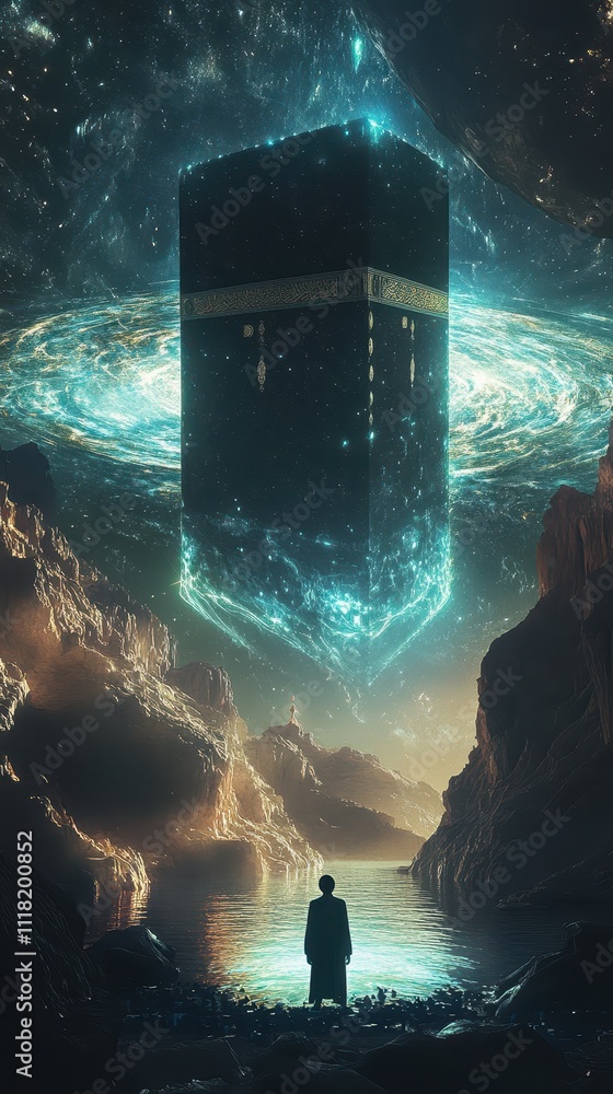 The pilgrimage to Mecca visualized in futuristic art, glowing Kaaba and ...