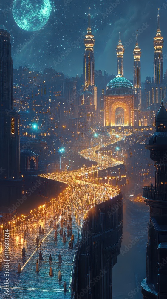 The pilgrimage to Mecca visualized in futuristic art, glowing Kaaba and ...
