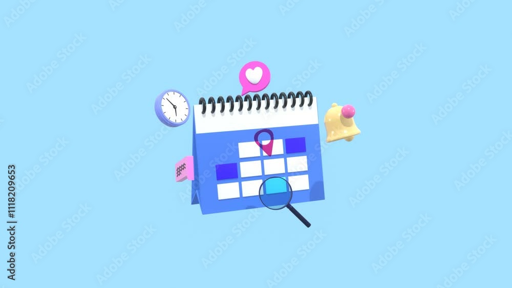 3D Animation Of Calendar with Animated Clock, Love, Notification Bell ...