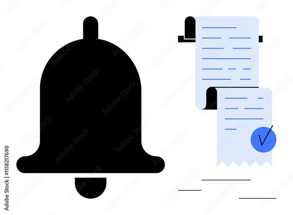 Big black notification bell and two lined documents with blue checkmark ...
