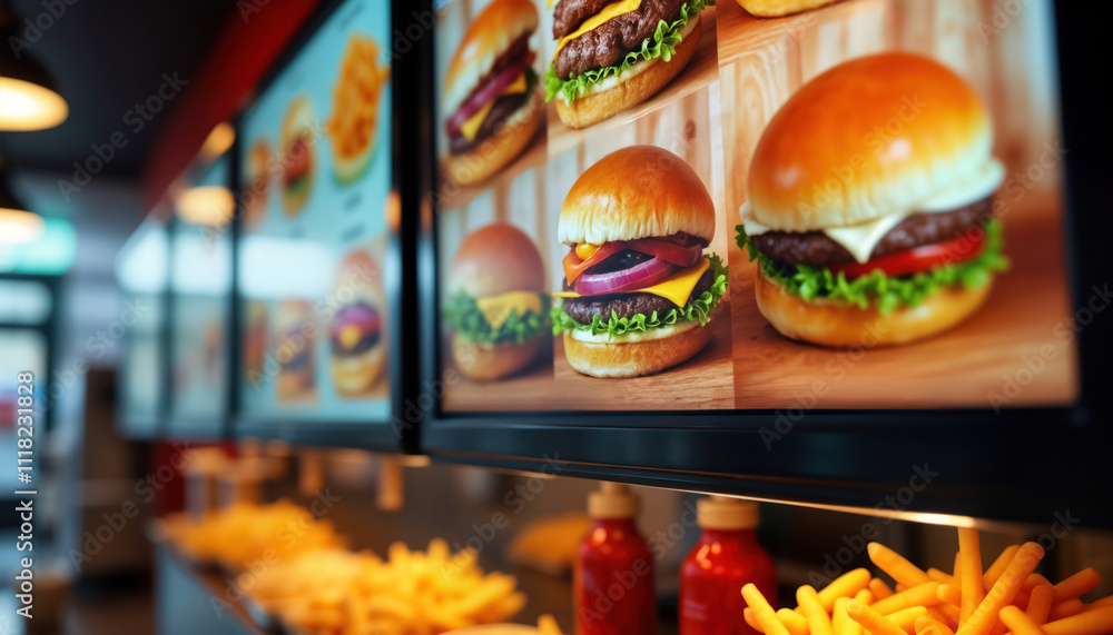 Fast food eatery digital menu shows various burgers, fries. Digital ...