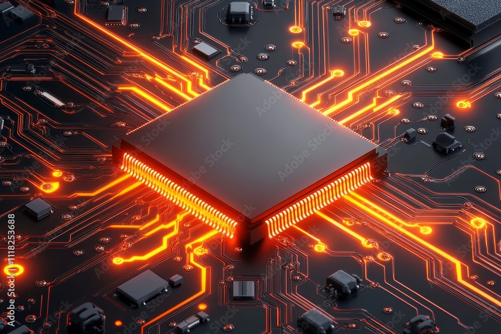 A pixel art depiction of a CPU on a vibrant 8-bit circuit board, with ...