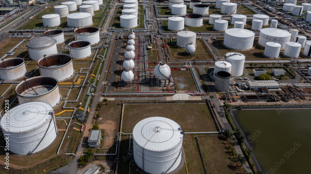 Aerial view oil and gas storage tank and pipeline, Oil and Gas storage ...