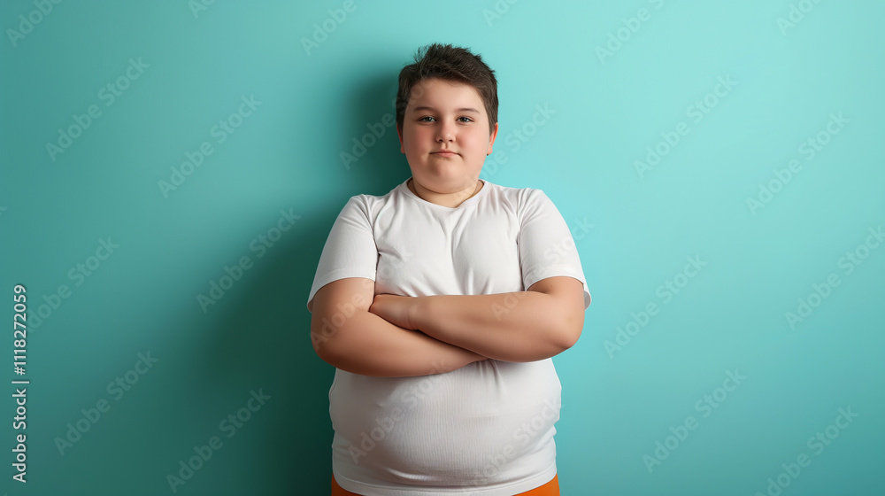 Overweight boy in tight shirt on pastel blue background. World Obesity ...