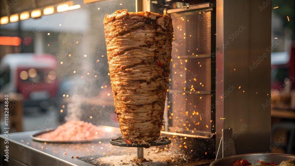 Rotating shawarma-style spit roasting meat for gyros Stock Photo ...