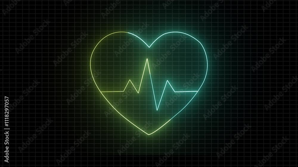 Neon heartbeat with grid isolated background. 4k seamless loop ...