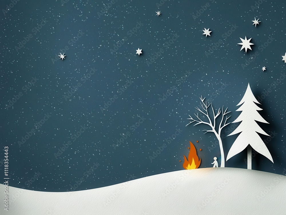 Winter Solstice Solitude Concept, A starfilled sky framing a small fire ...