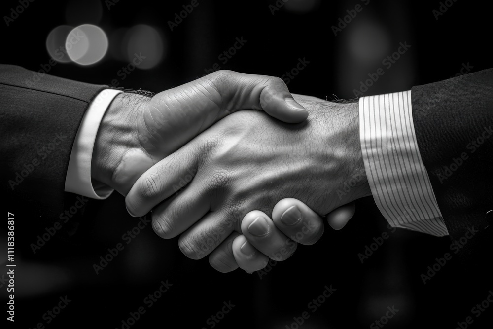 Black and white image of two businessmen sealing a deal with a ...