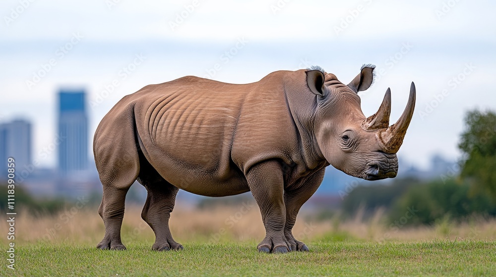 Rhino in the City: A solitary white rhinoceros stands majestically ...