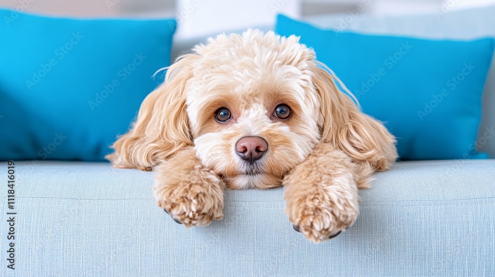Cuddly Canine: A fluffy, cream-colored dog with soulful eyes peeks over ...