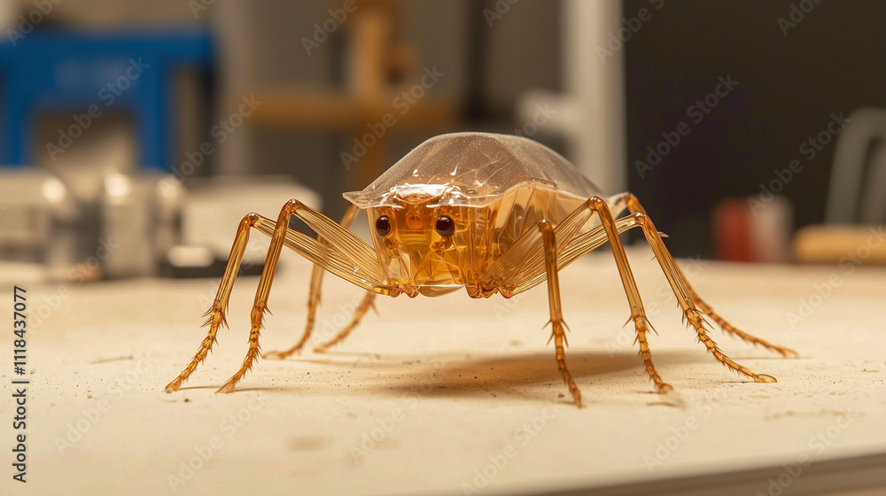 An insect-like robot prototype sits on the workbench, its six legs ...