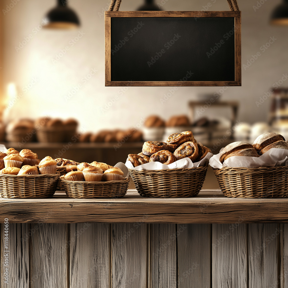 Rustic bakery counter with a blank chalkboard menu, ideal for café ...