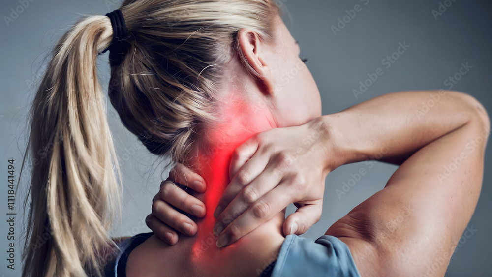 Photograph of a Blonde Woman Experiencing Severe Neck Pain with Red ...