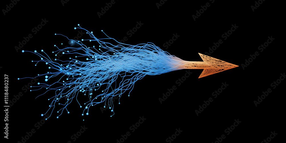 Dynamic blue data streams converging into a structured orange arrow on ...