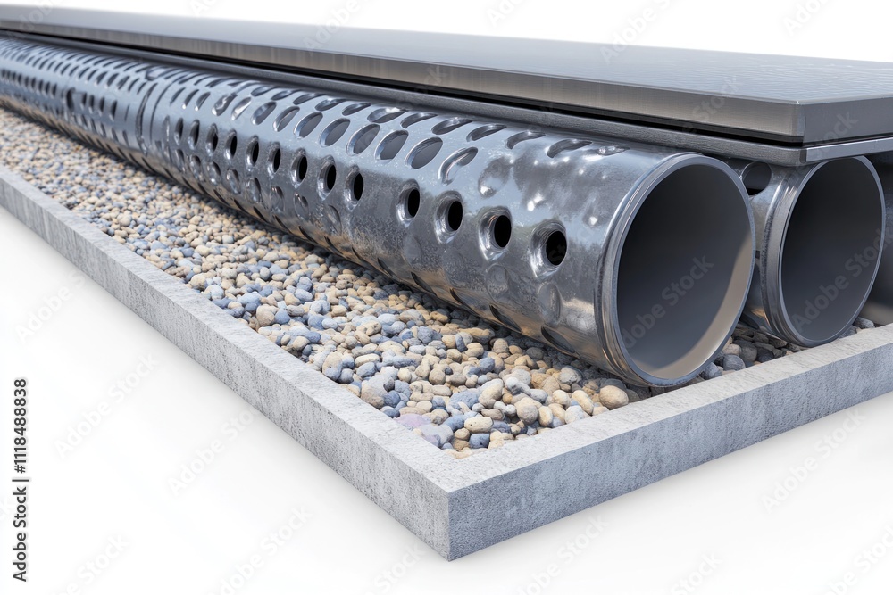 Cross-section of perforated pipes in gravel bed with concrete base and ...