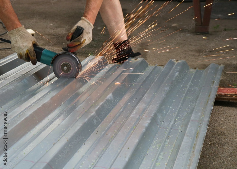 sawing a sheet of iron lying on the ground with a grinder without ...
