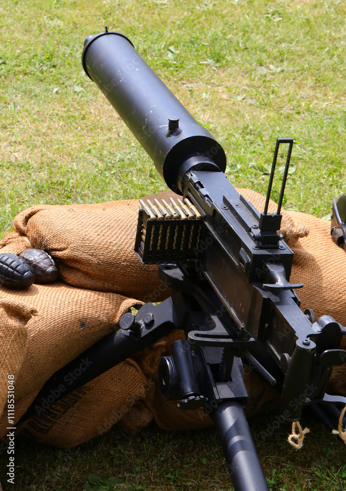Poster machine gun used by army soldiers during World War I in a ...