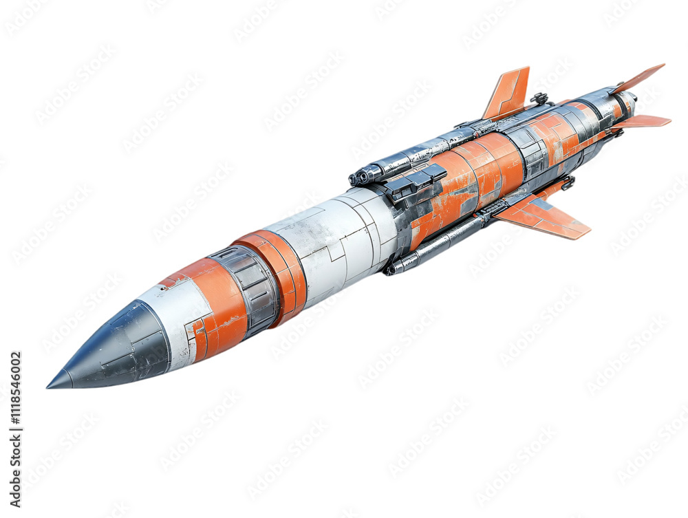 A sleek rocket with a pointed nose, featuring orange and white ...