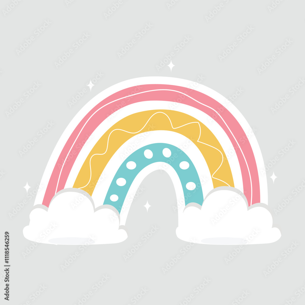 Cute Pastel Rainbow with Clouds Vector Illustration Sticker. A dreamy ...