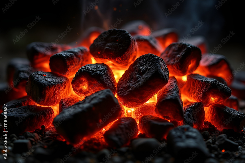 Burning wood coals with glowing and flaming hot charcoal briquettes ...