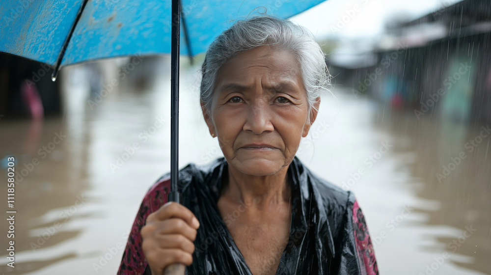 Resilient elderly woman holding an umbrella during a heavy monsoon ...