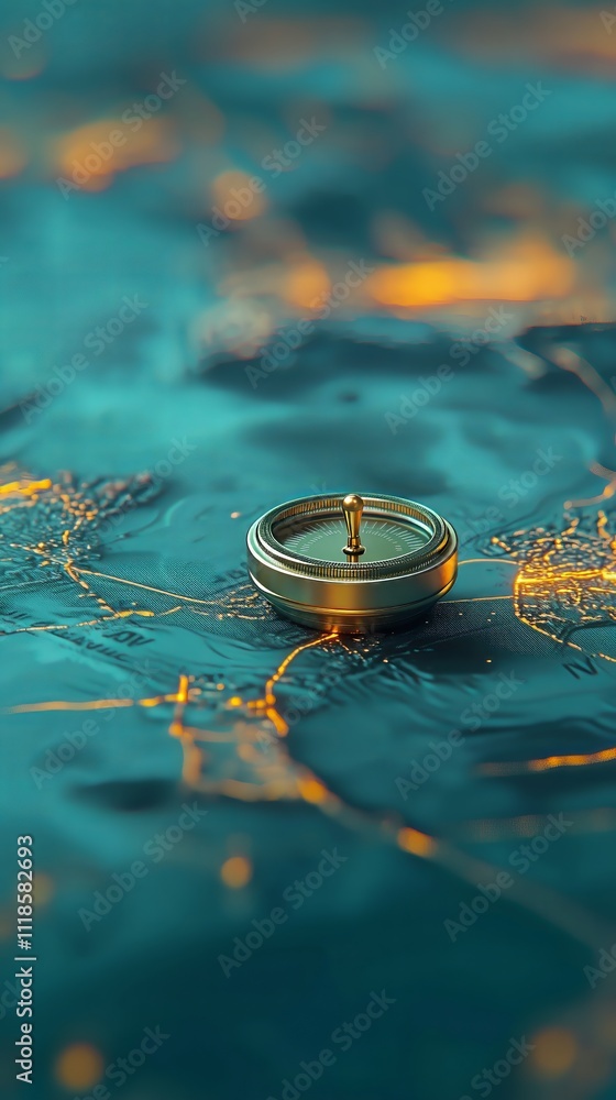 Golden Compass: A solitary compass rests upon a swirling sea of teal ...