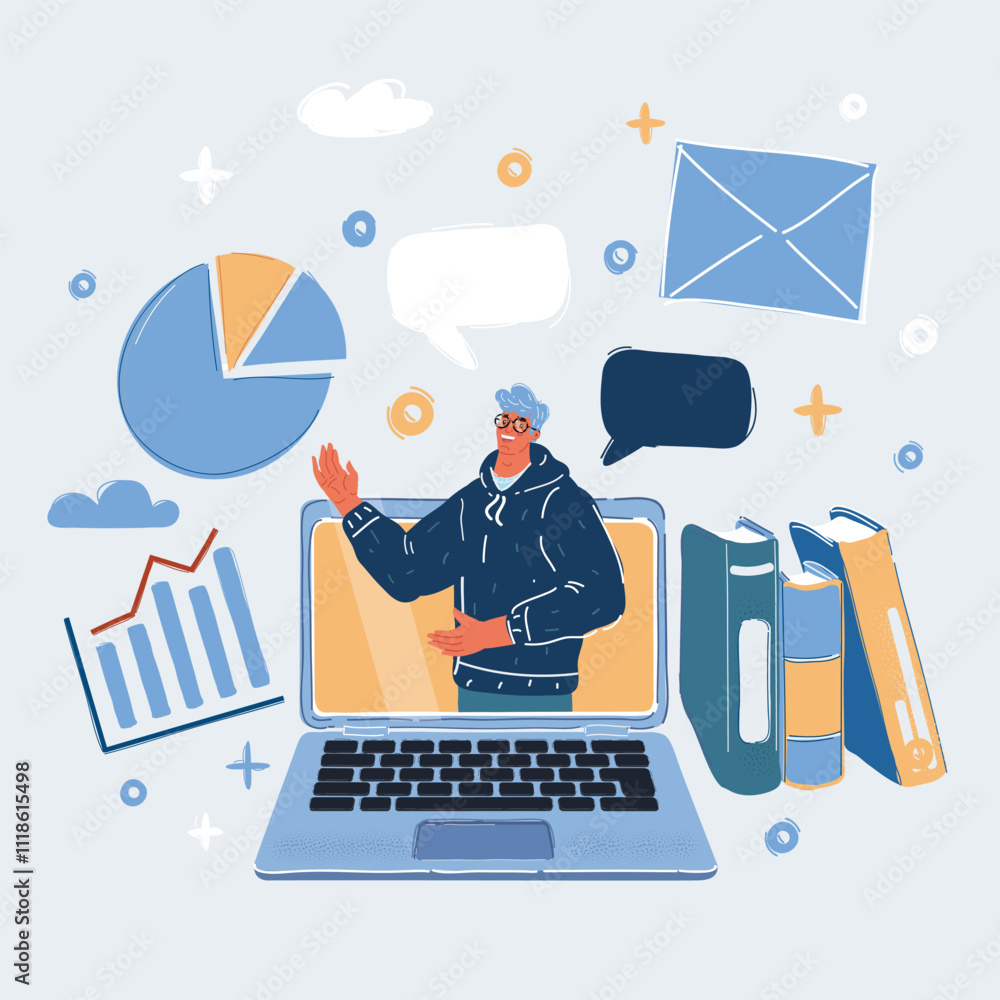 Cartoon vector illustration of Learning online. Teacher or lector, Man ...